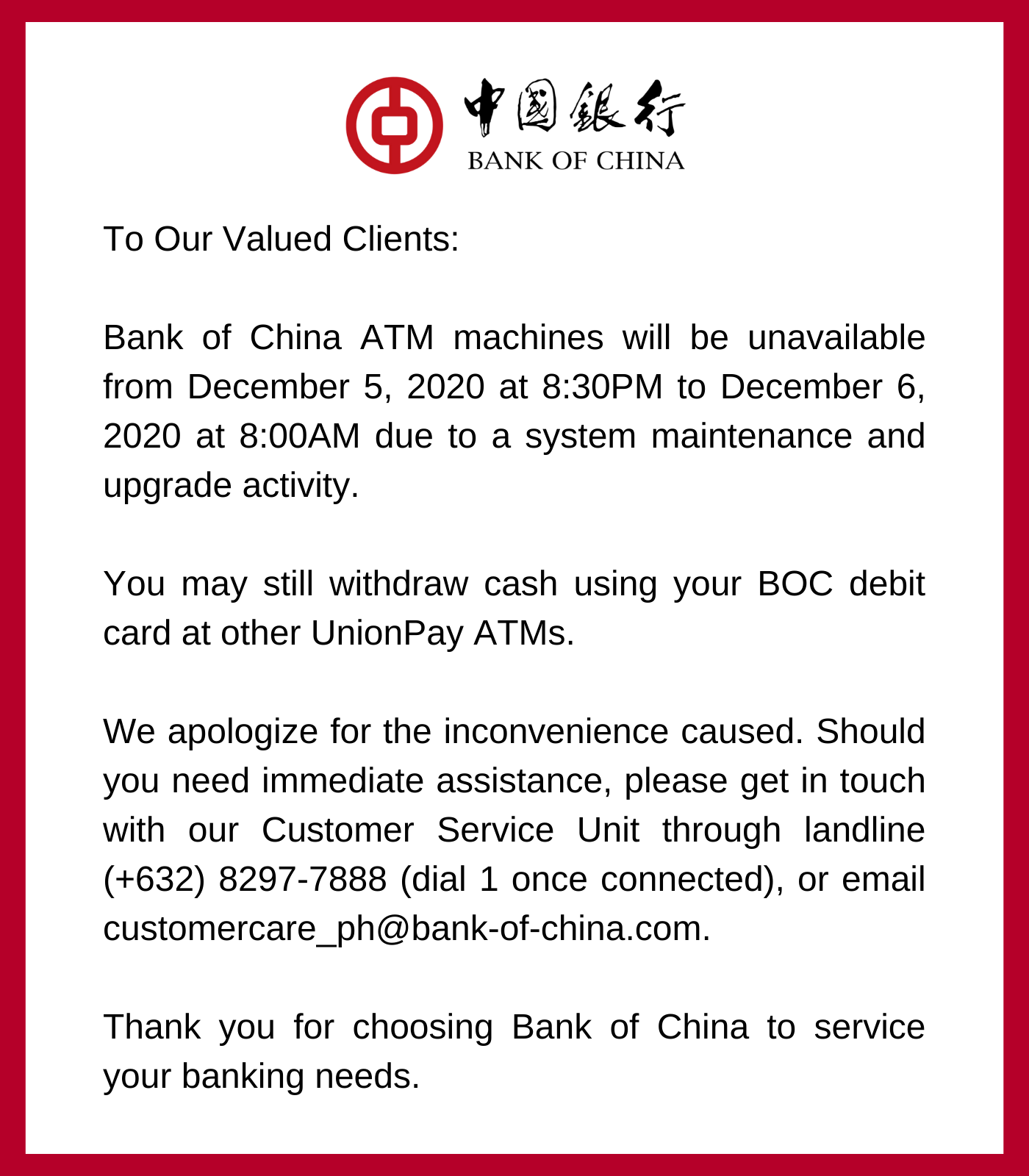 Notices and Advisories | Information | Bank of China@Manila