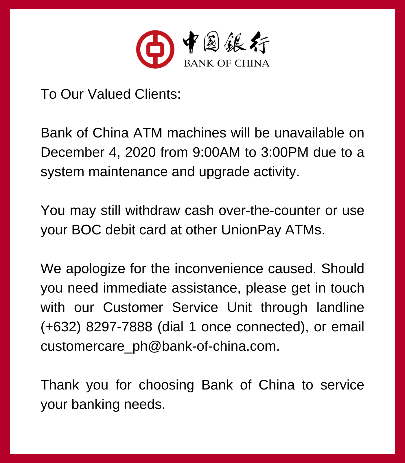 Notices and Advisories | Information | Bank of China@Manila